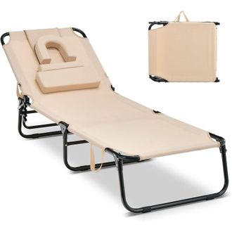 Costway Costway - Chaise Longue Pliante R&eacute;glable &agrave; 5 Positions avec Trou pour Visage, Bain de Soleil en Tissu Oxford 3 Coussins Amovibles Charge 160KG, pour