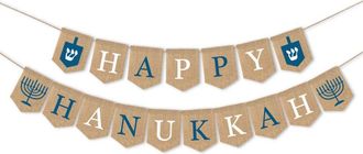 Amosfun gl&uuml;cklich Chanukka Banner Sackleinen Buchstaben Girlande Ammer h&auml;ngen Baum Anh&auml;nger Urlaub Party Dekoration Ornament 1pc