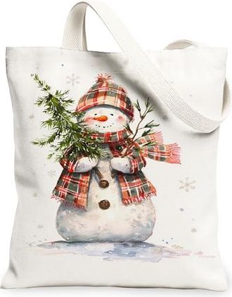Generic Sacs fourre-tout en toile motif bonhomme de neige pour vacances, sacs de courses r&eacute;utilisables, mignons, festifs, l&eacute;gers, lavables, Blanc, 13x15 Inch