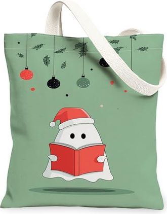Generic Sacs fourre-tout en toile motif fant&ocirc;me de No&euml;l, adorables sacs d&eacute;picerie r&eacute;utilisables, l&eacute;gers et lavables, vert, 13x15 Inch