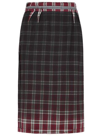 Maison Margiela Jupe en laine &agrave; carreaux d&eacute;lav&eacute;s rouge et gris