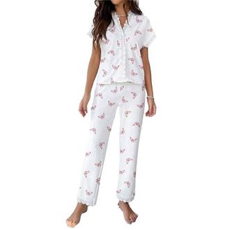 Generic Ensemble Pyjama Femme Deux Pièces Détente Col V Manches Courtes Imprimé Coupe Large Dentelle Tenue de Nuit