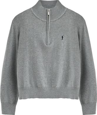 Polo Club Pullover grau meliert aus Wollgemisch mit halbem Rei&szlig;verschluss am Kragen und gesticktem Rigby Go-Logo