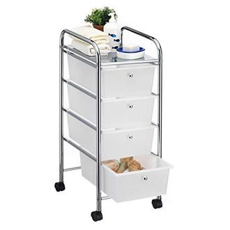 IDIMEX Caisson sur roulettes SANO Chariot avec 4 tiroirs en Plastique Blanc Transparent et 1 étagère, Meuble de Rangement pour Salle de Bain en métal chromé