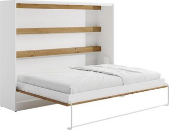 Vente-Unique Schrankbett - 140 x 200 cm - Manuelle horizontale &Ouml;ffnung - Mit LED-Beleuchtung - Wei&szlig; & Holzfarben - RAPILI