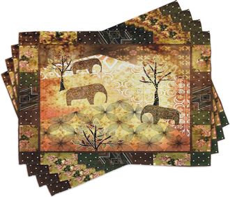 Abakuhaus afrikanisch Platzmatten 8 St&uuml;ck, Patchwork Inspiriertes Muster Grunge Vintage Elefanten B&auml;ume Rosen Muster, Waschbare Stoff Esszimmer K&uuml;che Tischdekor