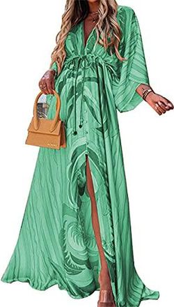 Onsoyours Femme Robe Longue Manches Longues Grande Taille Robes De Soirée Col en V Casual Boho Robes Maxi Plage avec Poches Z Vert M