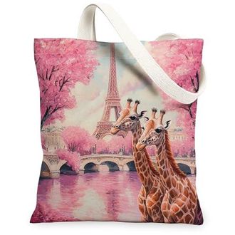 Generic Sac fourre-tout en toile pour faire du shopping 33 x 38,1 cm, motif couple danimaux de la Tour Eiffel, sac d&eacute;picerie r&eacute;utilisable, sac d&eacute;picerie pour 