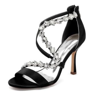 Generic Sandales À Talons Hauts Femmes Mariée Satin Open Toestylet Talons Eté Talon Mariage Soirée Chaussures Femmes 9.5Cm,Noir,36 EU