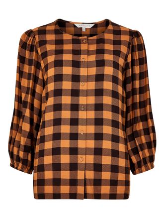 Apricot Gingham Check Balloon Sleeve Blouse