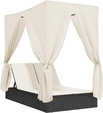 vidaXL Vidaxl - Chaise longue double avec toit et rideaux noir r&eacute;sine tress&eacute;e