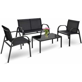 Costway Salon de Jardin 4 Places 4 Pi&egrave;ces en Textil&egrave;ne avec 2 Chaises 1 Banc et 1 Table Basse Vitr&eacute;e Cadre en M&eacute;tal pour Baclon/Terrasse/Patio, Noir - Costway