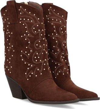 Shoes & Blues Botte Cowboy pour femme avec design en gris moyen avec clous métalliques, pointe fine et talon cubain, poignée latérale et fermeture à glissière. Idéa