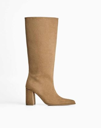 Bershka Stiefel in Sandbeige mit Blockabsatz-Braun