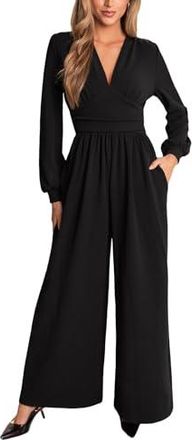Cupshe Combinaison pour femme avec col en V plongeant et manches longues bouffantes - Jambe large - Élégante combinaison avec poches, Noir, XL