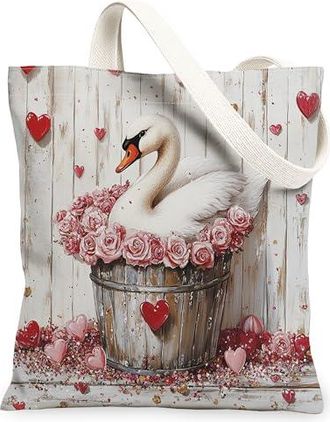 Generic Sac fourre-tout en toile avec motif cygne et oiseaux pour le shopping, 33 x 38 cm, sac &agrave; bandouli&egrave;re r&eacute;utilisable pour femme, peinture rustique, d&eacute;cor