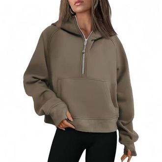 Generic Sweat-shirt surdimensionn&eacute; &agrave; manches longues et demi-fermeture &eacute;clair pour femme, avec trou pour le pouce et poches, caf&eacute;, XXL