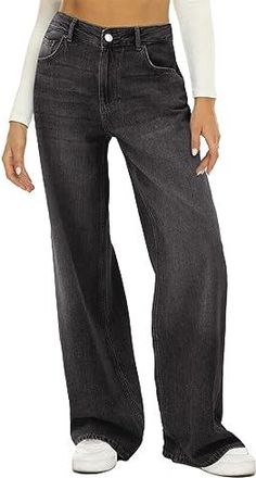 Generic Jean baggy pour femme - Taille haute - Jambes larges - Y2K - Stretch - Pantalon Boyfriend Y2K - Jean chic et vintage - Couleur unie - Pantalon streetw