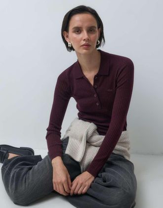 Lacoste Merino-Rippstrick-Poloshirt mit langen &Auml;rmeln in Burgunderrot