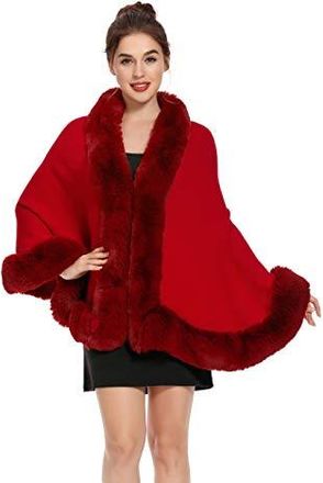 ZLYC Hiver Femme Fausse Fourrure Cape Chaud Tricoté Ponchos Mariage Châles(Rouge),Taille Unique