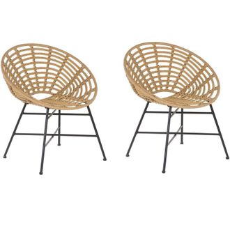 Beliani Lot de 2 Chaises Ext&eacute;rieur en Rotin Marron Clair avec Pieds en M&eacute;tal Noir Style Boh&egrave;me Tendance pour Terrasse Salon ou Salle &agrave; Manger Beliani