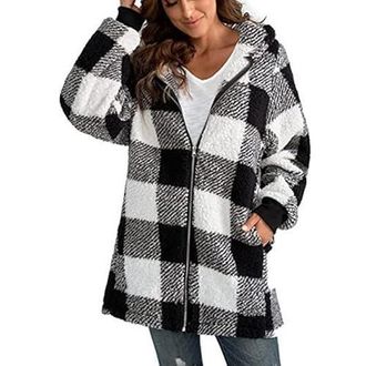 Generic Manteau &agrave; capuche surdimensionn&eacute; &agrave; carreaux pour femme, manteau d&eacute;contract&eacute; en polaire pelucheuse avec fermeture &eacute;clair pour lautomne et lhiver avec p