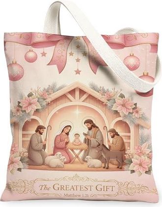 Generic Sacs fourre-tout r&eacute;utilisables en toile motif cr&egrave;che de No&euml;l avec bandouli&egrave;re lavable vintage pour les vacances, p&ecirc;che, 13x15 Inch