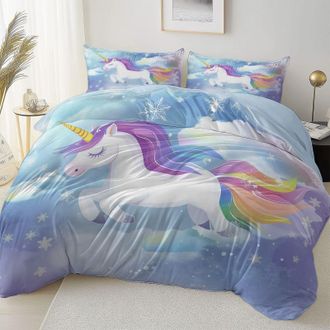 Generic Blau Bettw&auml;sche Niedlich Cartoon Einh&ouml;rner Bettbezug, Microfaser Wende Deckenbezug f&uuml;r Frauen M&auml;dchen Paar Teen 135 x 200 cm Bettw&auml;sche-Sets f&uuml;r Alle 