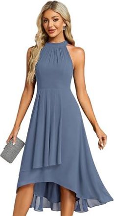 Ever-pretty Robe Mariage Invit&eacute;e Femme &Eacute;paules D&eacute;nud&eacute;e Pliss&eacute; High Low sans Manches Mousseline Ourlet Irr&eacute;gulier Chic Bleu Poussi&eacute;reux 40