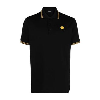 Versace Schwarzes Polo-Shirt Greca-Detail Medusa - - Tops - Herren - Schwarzk - XL