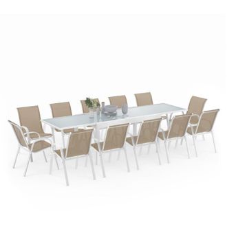 IDMarket Salon de jardin MADRID table extensible 135-270 CM et 12 chaises empilables blanc et beige