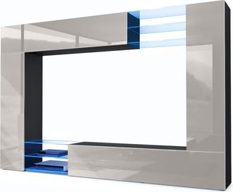 Vladon Wohnwand Mirage, Made in Germany, Anbauwand mit R&uuml;ckwand mit 2 T&uuml;ren, 2 Klappen und 6 offenen Glasablagen, Schwarz matt/Sandgrau Hochglanz, inkl. LED-