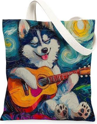 Generic Husky Sac fourre-tout en toile pour faire du shopping 33 x 38,1 cm, motif guitare &eacute;toil&eacute;e, sac d&eacute;picerie r&eacute;utilisable, sac &agrave; bandouli&egrave;re pour femme, a