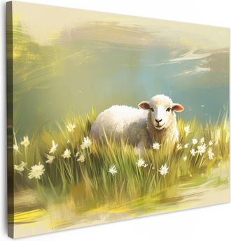 MuchoWow &copy; Leinwand Bilder 40x30 cm Wanddeko Wohnzimmer Aesthetic Room Decor Deko Zimmer Wandbilder Modern Bild auf Leinwand Schaf - Wiese - Gr&uuml;n