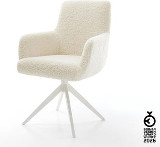 DELIFE Drehstuhl Heira-Flex mit Armlehnen Teddystoff Beige Kreuzgestell breit Wei&szlig; 360&deg; drehbar Wippfunktion Taschenfederkern, Esszimmerst&uuml;hle