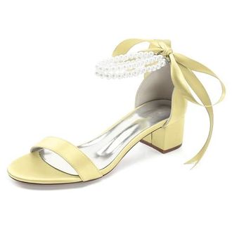 Generic Chaussures Mariage Femme Talon Bloc Bout Ouvert Talons Bas Sandales Mode &Eacute;t&eacute; Satin Mari&eacute;e Dress F&ecirc;te Hauts 4.5Cm,Jaune,36 EU