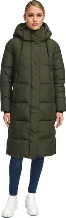 Marikoo Damen Wintermantel (XS-6XL) gesteppt, lange Form, abnehmbare Kapuze, Magnettaschen - N057 - DarkOlive Gr.4XL - Gr.4XL