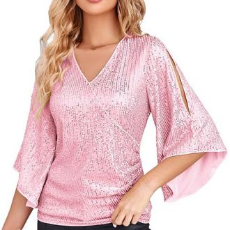 Generic Top femme scintillant grande taille paillettes top couleur unie chemises &agrave; paillettes &eacute;l&eacute;gantes chemise &agrave; paillettes manches 3/4 confortable col en V 
