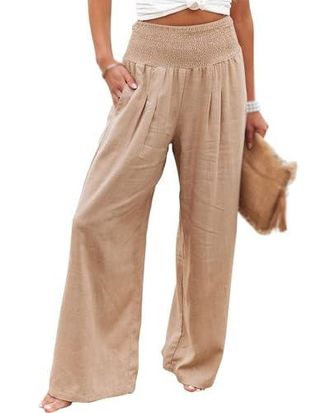 Generic Pantalon Palazzo &agrave; taille smock&eacute;e pour femmes, jambes larges, tenue d&eacute;t&eacute; fluide pour la plage, le salon de plage, les voyages et les vacances, Couleur