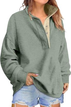 Generic Sweat-shirt d&eacute;contract&eacute; &agrave; boutons pour femme, pull surdimensionn&eacute; &agrave; manches longues, coupe ample, haut dautomne doux, Vert, 3XL