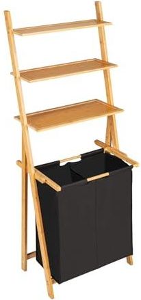 WENKO Leiterregal mit W&auml;schesammler Mod. Ecori, Leiter aus Bambus, W&auml;schekorb mit 2 F&auml;chern (je ca. 33 L), Textil aus recyceltem Polyester, Schwarz