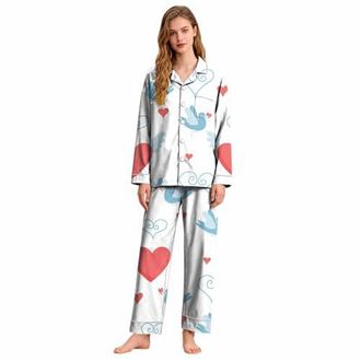 Generic Ensemble de pyjama 2 pi&egrave;ces en satin de soie pour femme - Imprim&eacute; coeur - Chemise &agrave; manches longues et pantalon - V&ecirc;tement de d&eacute;tente ample et confort