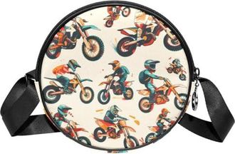 Generic Petit sac &agrave; bandouli&egrave;re rond pour femme, motif dessin anim&eacute;, motocross avec fermeture &eacute;clair, bretelles r&eacute;glables, sac &agrave; main rond d&eacute;contract&eacute; pour fe