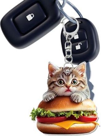 Generic Porte-cl&eacute;s avec breloque chat hamburger - Look charmant, pendentif plat pour sac &agrave; main, pendentif en acrylique pour sac &agrave; main, sac &agrave; dos, cl&eacute;s de vo
