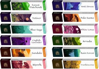 Kajal Perfumes Paris Himalaya Premium Assorted Agarbatti Sticks 12 x 15g - Patchouli, Anti-Stress, Arruda, Blue Sage, Frankincense, Lavender, Myrrh, Rain Forest, Sandalo, 