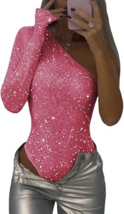 Onsoyours Body Paillettes Femme Chemisier &Eacute;l&eacute;gant Blouse &Eacute;paules Nus Sequin Tops Hauts Sexy &Agrave; manches longues Paillettes Une pi&egrave;ce F&ecirc;te Bodysuit Jumpsuit Clubwe