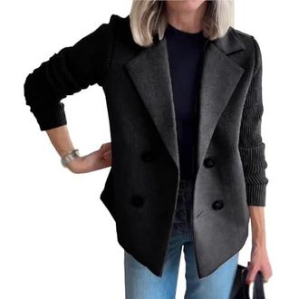 Generic Manteau d&eacute;contract&eacute; &agrave; manches patchwork en tricot &agrave; revers pour femme, nouveau caban 2025 &agrave; double boutonnage, Noir, 3XL