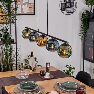 HOFSTEIN Pendelleuchte Ripoll, 5-flammige H&auml;ngelampe aus Metall/Glas in Schwarz/Blau/Gr&uuml;n/Gold, moderne H&auml;ngeleuchte im Retro/Vintage-Design (Schirme &Oslash; 15 cm),