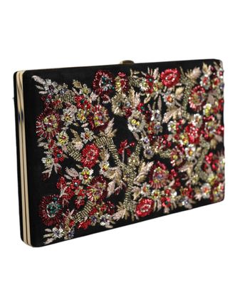 Dolce & Gabbana Womens Multicolor Floral Gold Frame Clutch Evening Purse Bag Suede