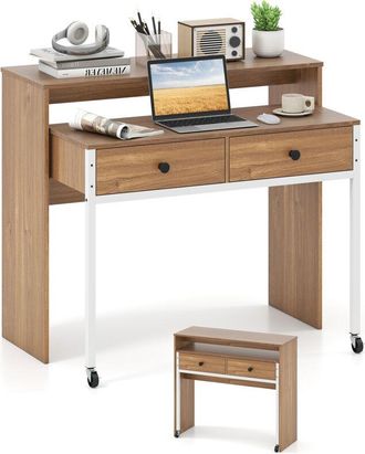 Costway Bureau Extensible Mobile, Table dOrdinateur Gain de Place avec Tiroirs, Bureau Console en Bois Compacte avec Roulettes pour Salon, Chambre, Naturel